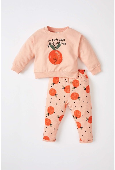 DeFacto Kız Bebek Regular Fit Portakal Desenli Pamuklu Uzun Kollu 2'li Takım W9734A221WN