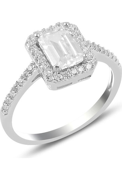 Söğütlü Silver Gümüş Rodyumlu Pırlanta Montürlü Baget Taşlı Yüzük