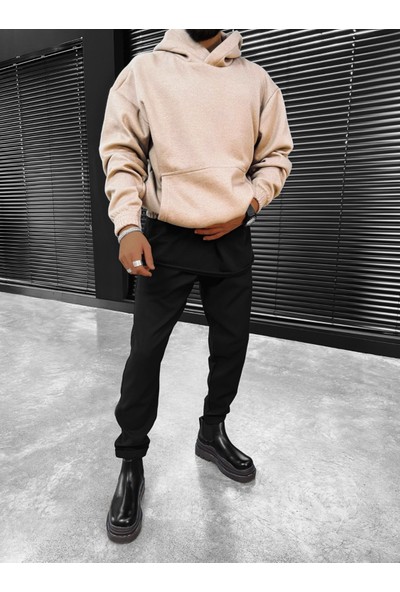 Abluka Oversize Örme Kapüşonlu Sweatshirt Bej