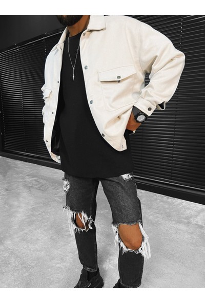 Abluka Içi Astarlı Oversize Nubuk Gömlek Ceket Taş