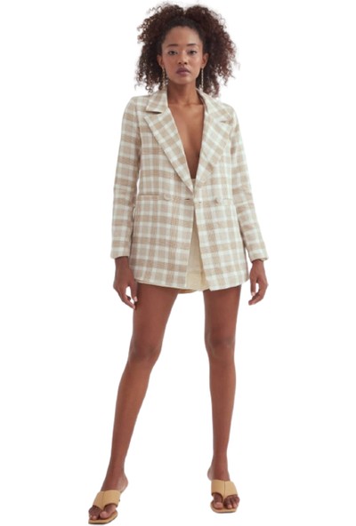 Sateen Bej Ekoseli Salaş Blazer Ceket