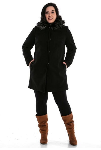 Disentis Modest Büyük Beden Kapüşonu Kürklü Cep ve Çıtçıt Detaylı Astarlı Kaşe Siyah Ceket Disentis Modest Büyük Beden Kapüşonu Kürklü Cep ve Çıtçıt Detaylı Astarlı Kaşe Siyah Ceket