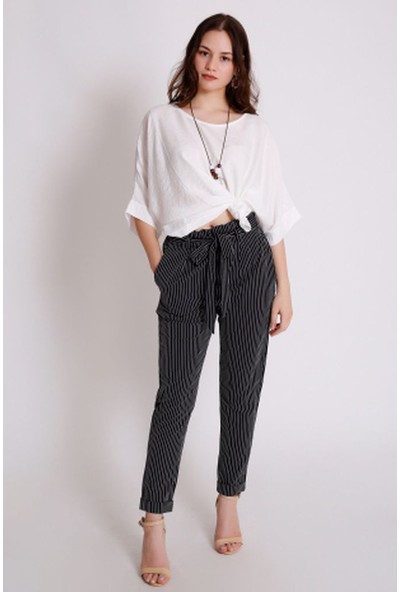 Trendy İstanbul Çizgili Belşi Kuşaklı Pantolon