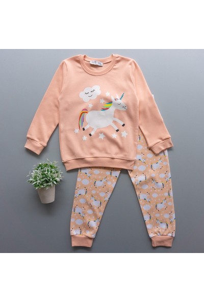 Zef Kids Zef Kids kız Çocuk Somon At Baskılı Uzun Kollu Pijama Takımı