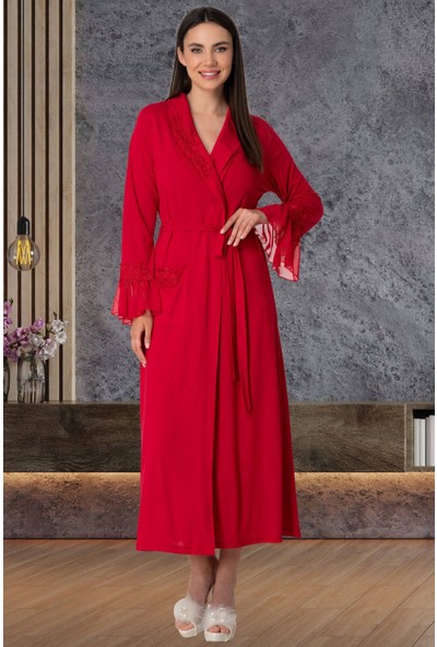 Şık Mecit Kırmızı Dantelli Hamile Lohusa Sabahlık