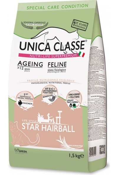 Unica Classe Star Hairball Tavuklu Yaşlı Kedi Maması 1.5 kg Unica Classe Star Hairball Tavuklu Yaşlı Kedi Maması 1.5 kg