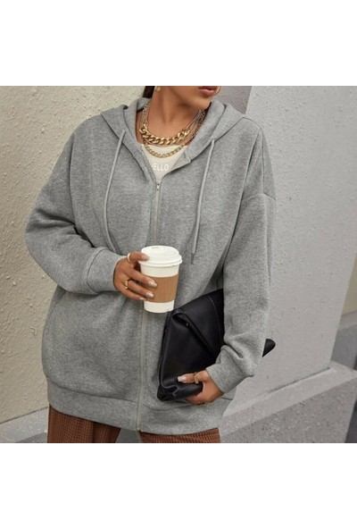 Nestore Gri Fermuarlı Kapüşonlu Sweatshirt Kadın Fermuarlı Sweat