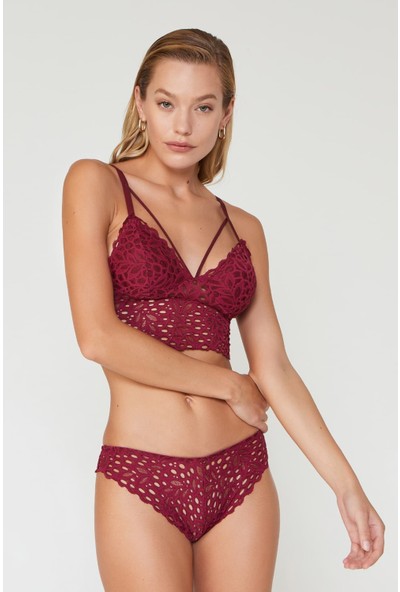 Cansoy Liona Dantelli Bordo Bralet Takım