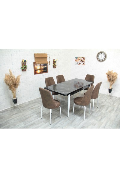 Uğurmob Siyah-Beyaz Ayaklı-Açılır Masa-Sandalye Takımı 6 Sandalyeli