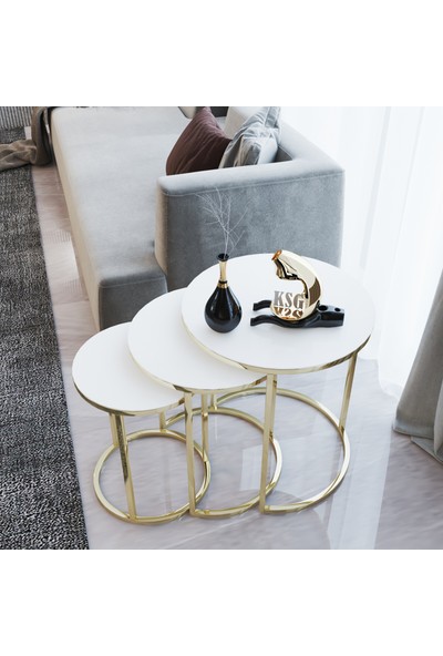 Kasger Beyaz Cam Gold Metal Zigon Sehpa Kasger Beyaz Cam Gold Metal Zigon Sehpa