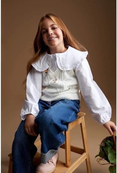 DeFacto Kız Çocuk Regular Fit V Yaka Örgü Desenli Süveter V9860A621WN