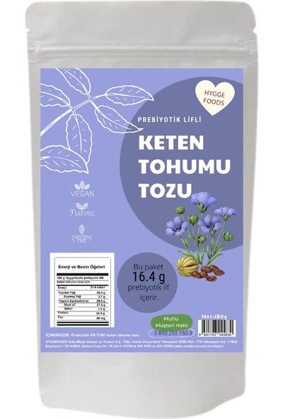 Hygge Foods Prebiyotik Lifli Keten Tohumu Tozu - Vegan & Glutensiz - 180 gr