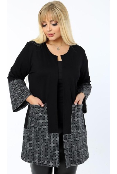 Kheos Yakasız Ekose Çift Renk Bloklu Ispanyol Geniş Kol Cepli Ceket Kheos Yakasız Ekose Çift Renk Bloklu Ispanyol Geniş Kol Cepli Ceket