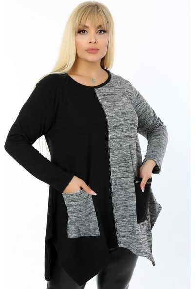 Kheos Yuvarlak Yaka Asimetrik Çift Renk Cepli Uzun Kol Tunik