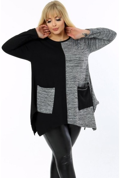 Kheos Asimetrik Cepli Yuvarlak Yaka Uzun Kol Çift Renk Bloklu Bluz