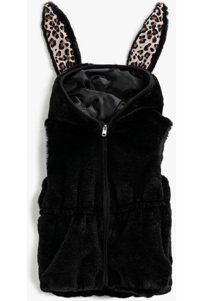 Koton Suni Kürk Kapşonlu Yelek Leopar Desenli Kedi Kulaklı