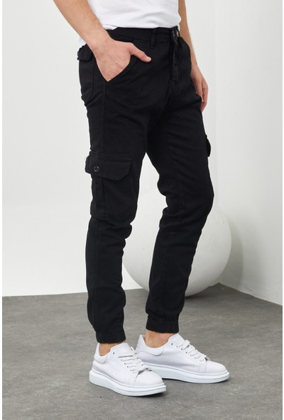 Damga Erkek Paçasi Lastikli Kargo Cep Pantolon Siyah