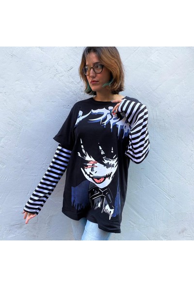 Köstebek Anime Kakegurui (Unisex) Çizgili Kollu T-Shirt