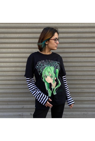 Köstebek Anime Harajuku Gothic Cool Girl(Unisex) Çizgili Kollu T-Shirt