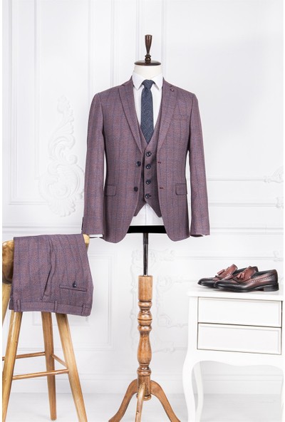 Paco Romano Erkek Slim Fit Mono Yaka Bordo Ekose Yelekli Takım Elbise Paco Romano Erkek Slim Fit Mono Yaka Bordo Ekose Yelekli Takım Elbise
