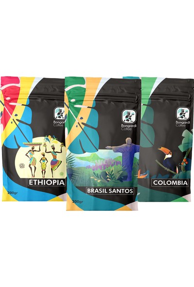 Bongardi Coffee 3 x 200 gr Santos Etiyopya Colombia Filtre Kahve Makinesi Uyumlu Öğütülmüş Veya Çekirdek Bongardi Coffee 3 x 200 gr Santos Etiyopya Colombia Filtre Kahve Makinesi Uyumlu Öğütülmüş Veya Çekirdek