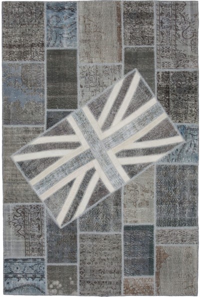 Bespoky Flag Gri 200X300 cm Patchwork Bayrak Yün-Pamuk El Dokuma Alan Halısı