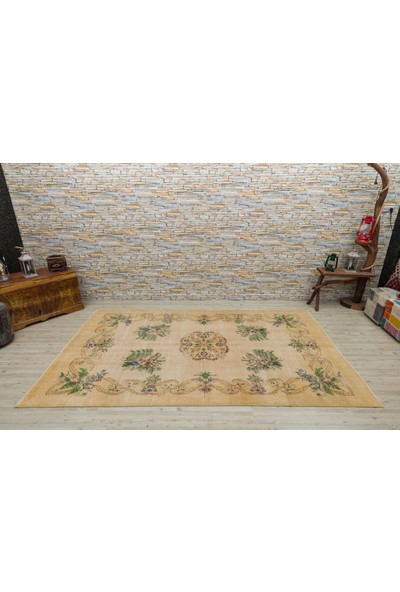 Bespoky Vintage Bej Yeşil 174X286 cm Çiçekli Yün Pamuk El Dokuma Alan Halısı