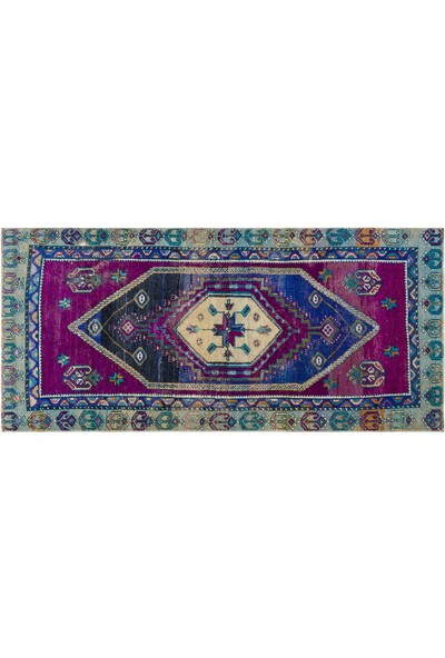 Bespoky Anatolium Mor Mavi 95X200 cm Göbekli Yün Pamuk El Dokuma Alan Halısı