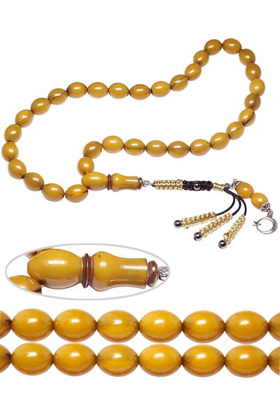 Tesbih Atölyesi Sarı Renkli Iri Boy Çubuk Sıkma Kehribar Tesbih