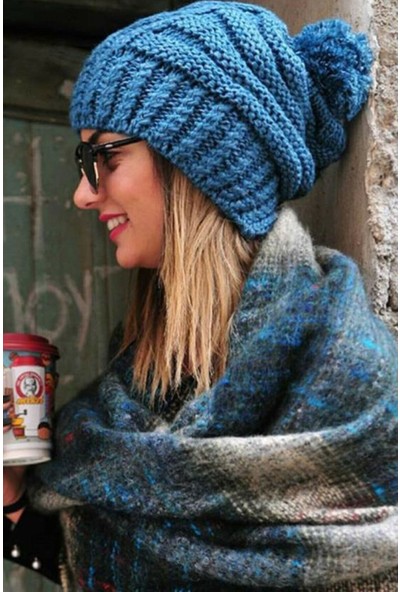 Look Shop 52 Ponponlu Kadın Örgü Bere-Petrol Mavisi