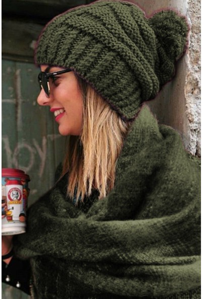 Look Shop 52 Ponponlu Kadın Örgü Bere-Haki