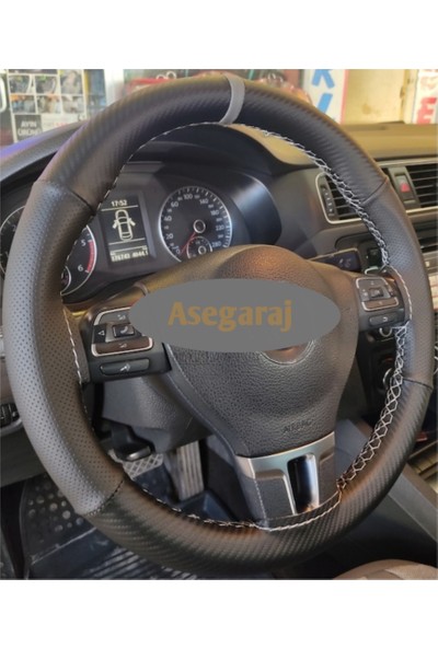 Gürler Oto Aksesuar Noktalı & Karbon Dikmeli Direksiyon Kılıfı Gri Yüzüklü-Gri Ipli