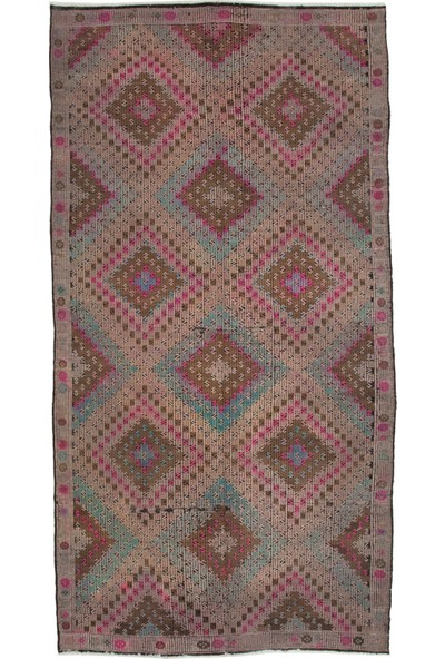 Bespoky Jijim Bej 155X313 cm Geometrik Keçi Yünü Pamuk El Dokuma Kilim Alan Halısı