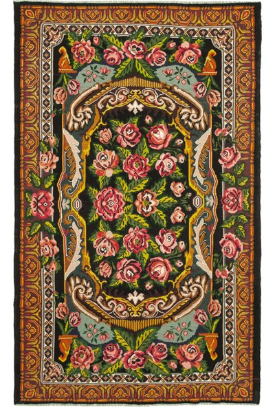 Bespoky Moldovian Siyah 223X360 cm Göçebe Yün-Pamuk El Dokuma Kilim Alan Halısı
