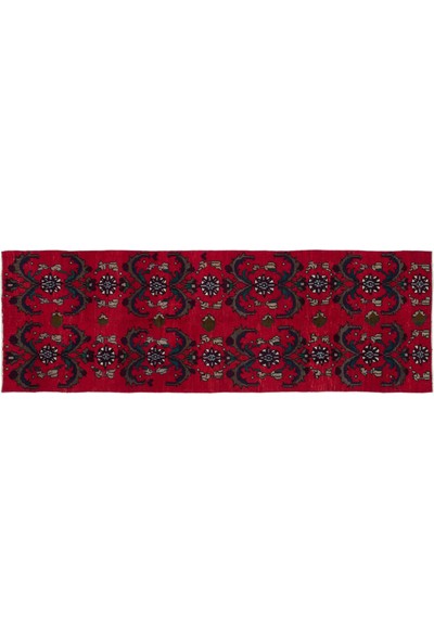 Anatolium Kırmızı Koyu Mavi 90X266 cm Çiçekli Yün Pamuk El Dokuma Alan Halısı