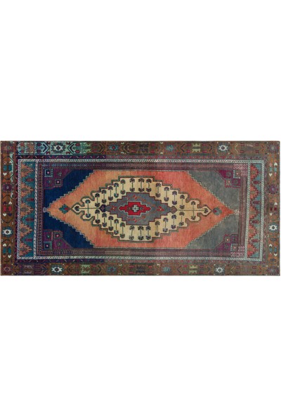 Bespoky Anatolium Krem Koyu Mavi 130X259 cm Göbekli Yün Pamuk El Dokuma Alan Halısı