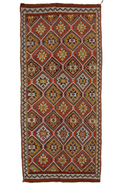 Bespoky Jijim 147X320 cm Geometrik Keçi Yünü Pamuk El Dokuma Kilim Alan Halısı