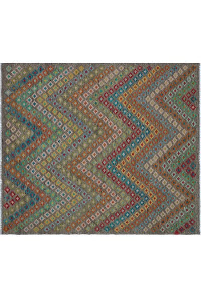 Bespoky Khandahar Kahve Renkli 209X242 cm Geometrik Yün Pamuk El Dokuma Kilim Alan Halısı