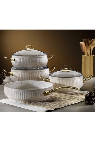 Lines 7 Parça Altın Metal Kulplu Beyaz Granit Güveç Tencere Seti Lines 7 Parça Altın Metal Kulplu Beyaz Granit Güveç Tencere Seti