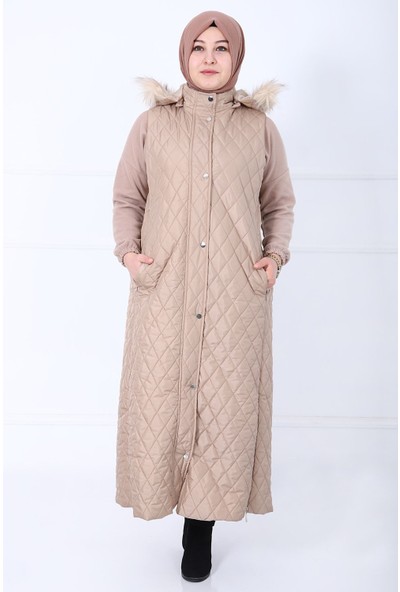 Kombinal Bej Baklava Desenli Büyük Beden Kapitone Şişme YELEK-2062