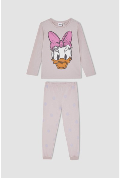 DeFacto Kız Çocuk Daisy Duck Lisanslı Regular Fit Uzun Kollu Pijama Takım V6306A621WN