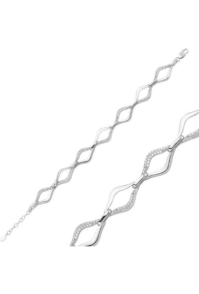 Silver Gümüş Taşlı Dalgalı Bayan Bileklik