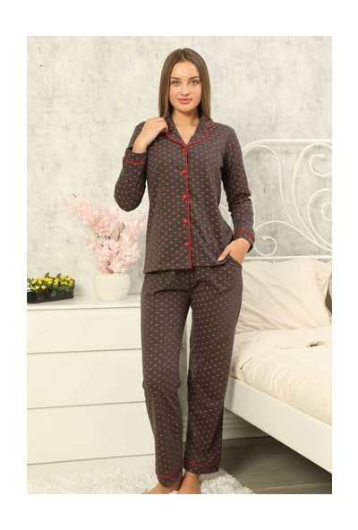 Alimer Alimer kadın Gri Kalp Desenli Önden Düğmeli Gömlek Yaka Uzun Kollu Pijama Takımı 2609UK