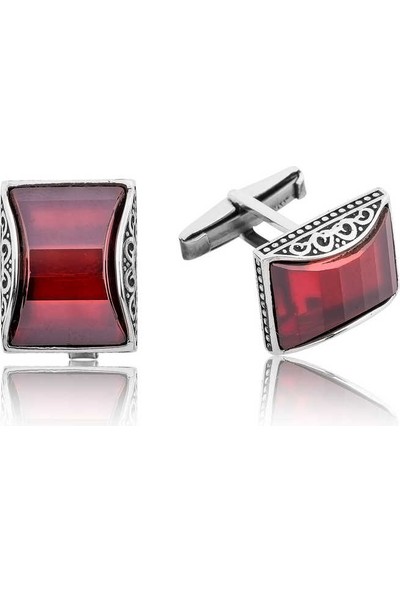Silver Gümüş Kırmızı Taşlı Kol Düğmesi
