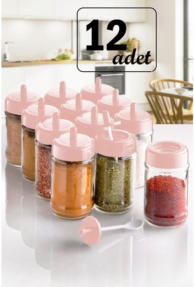 Sas 12 Adet Kapağı Kendinden Kaşıklı Baharatlık Seti Cam Kavanoz 300 ml. Pudra