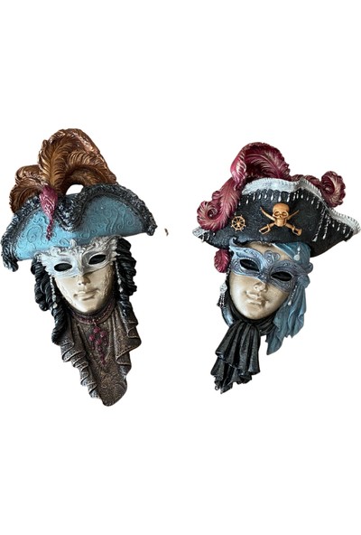 Tasarloxi Dekoratif Polyester Tüylü Şapkalı Kadın ve Korsan Şapkalı Erkek Maske Duvar Figürü