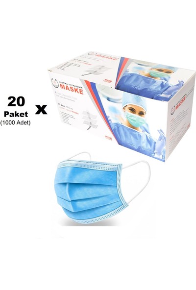 Maske 1000 Adet Mavi Medikal Maske Ultrasonik Lastikli Telli 3 Katlı