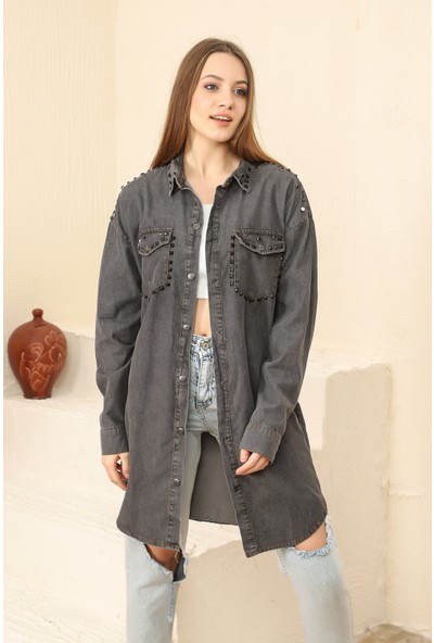 Pandenim Kadın Kot Tunik Drop Detaylı Denim Oversize Cepli Antrasit