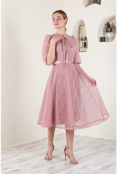 Kemerli Kloş Pudra Abiye Elbise