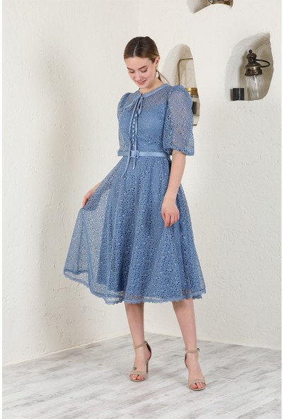 Kemerli Kloş Indigo Abiye Elbise